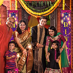 ANVAVO Happy Diwali Hanging Banner Festival of Lights Porch Sign Banner Polyester Diwali Wall Banner Outdoor Decor Indian Diwali Party Supplies