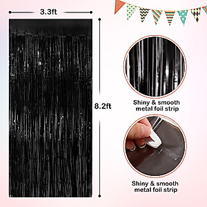 Black Metallic Tinsel Foil Fringe Curtains, 2 Pack 3.3x8.3 Feet Streamer Backdrop Curtains for Birthday Party Decorations, Halloween Decor, Foil Curtain Backdrop for Bachelorette Party