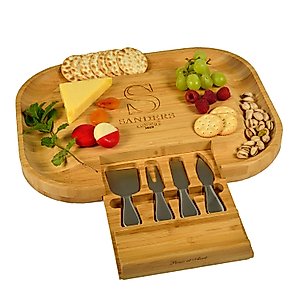 Custom Personalized Engraved Bamboo Cheese/Charcuterie Cutting Board with Knife Set & Cheese Markers- Designed & Quality Checked in USA
