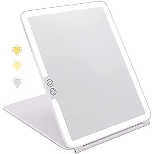 Rechargeable Travel Makeup Mirror with 72 Led Lights, Portable Lighted Makeup Mirror, 3 Color Lighting, Dimmable Touch Screen, Tabletop LED Folding Cosmetic Vanity Mirror, Women Gift