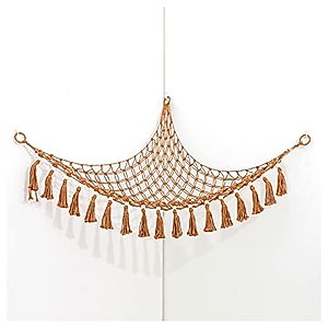 JIELAIMI Stuffed Animal Toy Storage Organizer, Toy Storage Hammock with Decorative Tassels Corner Large Capability Toy Net Holder (brown)