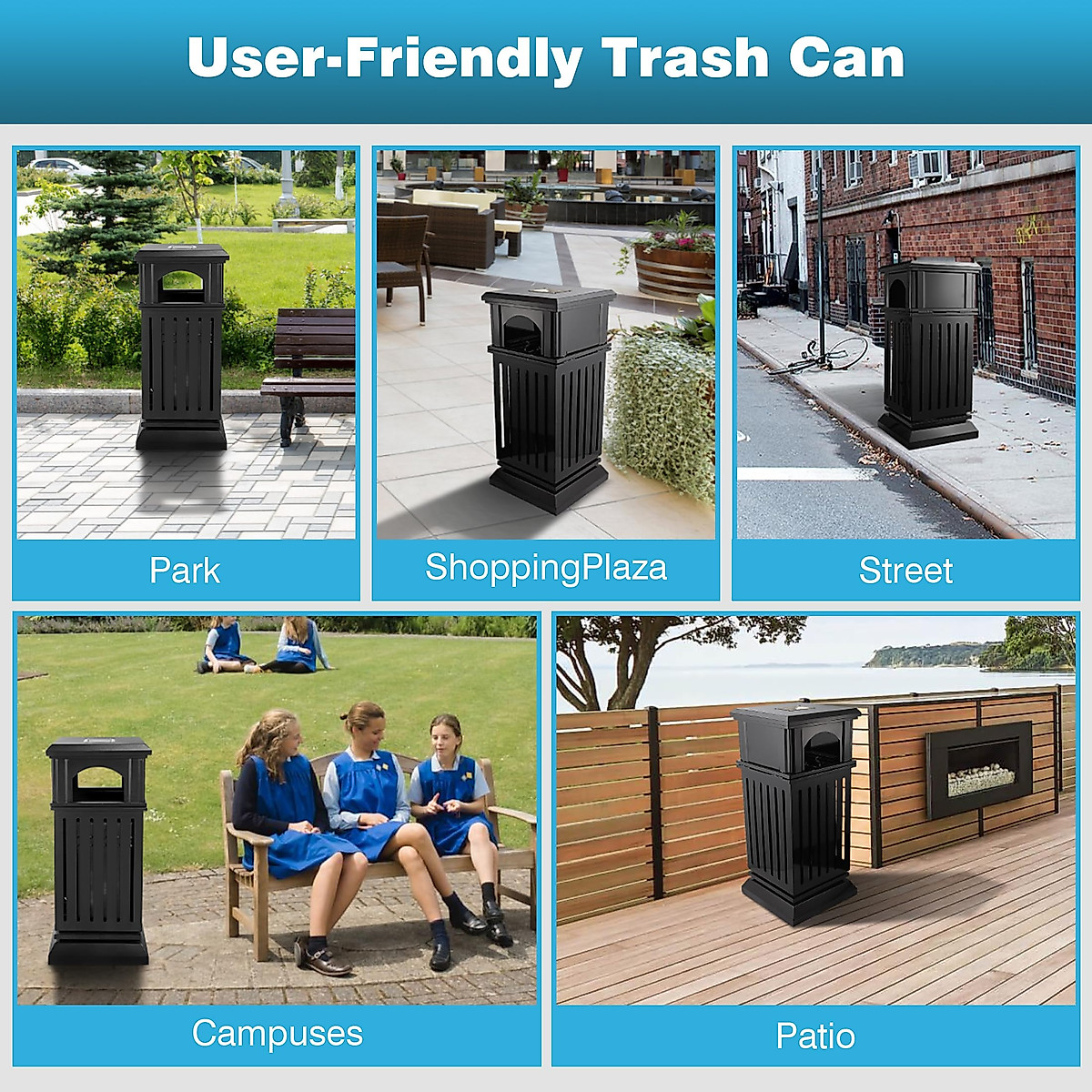 IRONWALLS Commercial Trash Can with Lid, Black Outdoor Garbage Can for Patio, Side Opening Steel Square Commercial Waste Bin, Decorative Trash Container with Removable Inner Bucket for Park, Garden