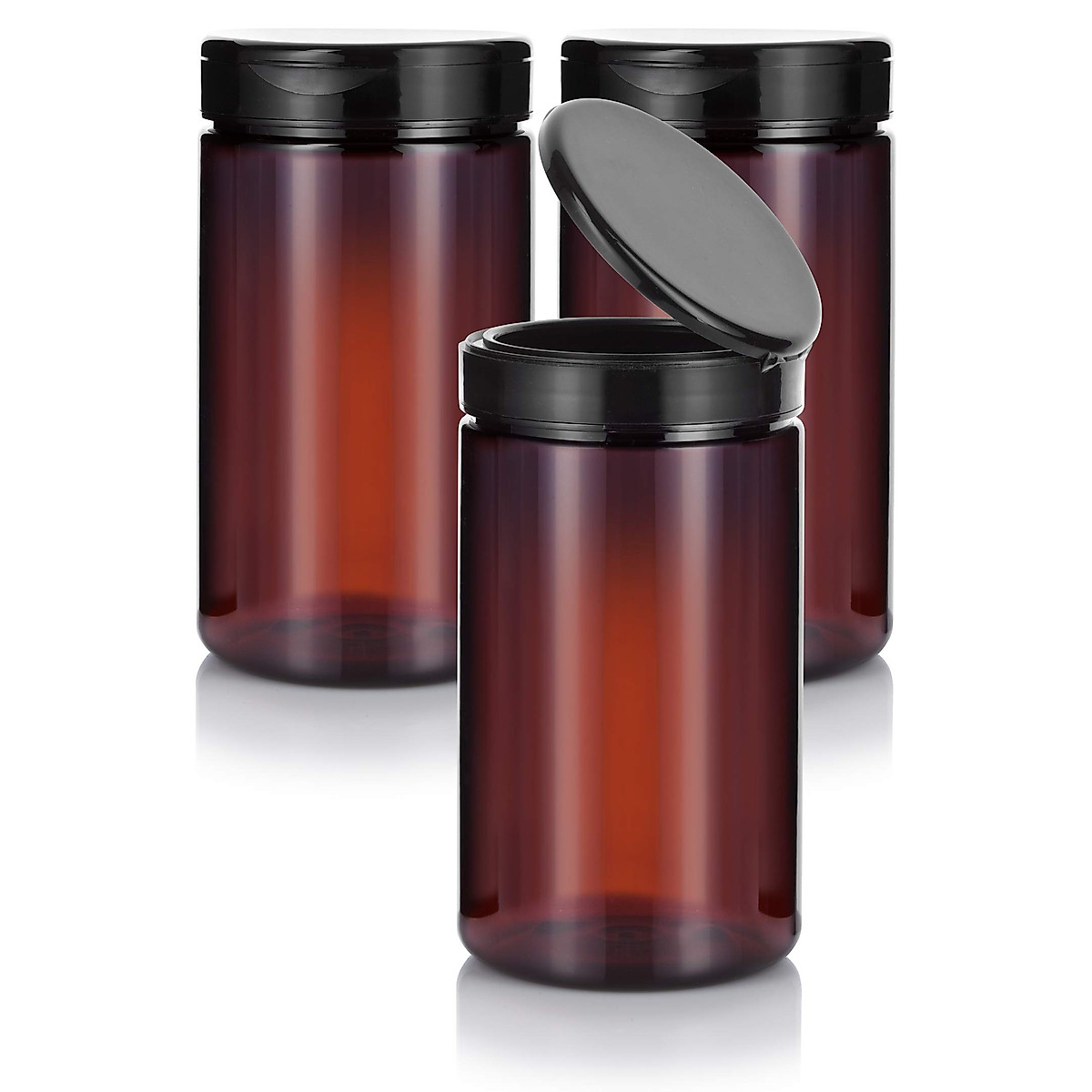 JUVITUS Amber Large 32 oz PET Plastic (BPA Free) Refillable Jar with Black Flip Top Cap - (3 pack)