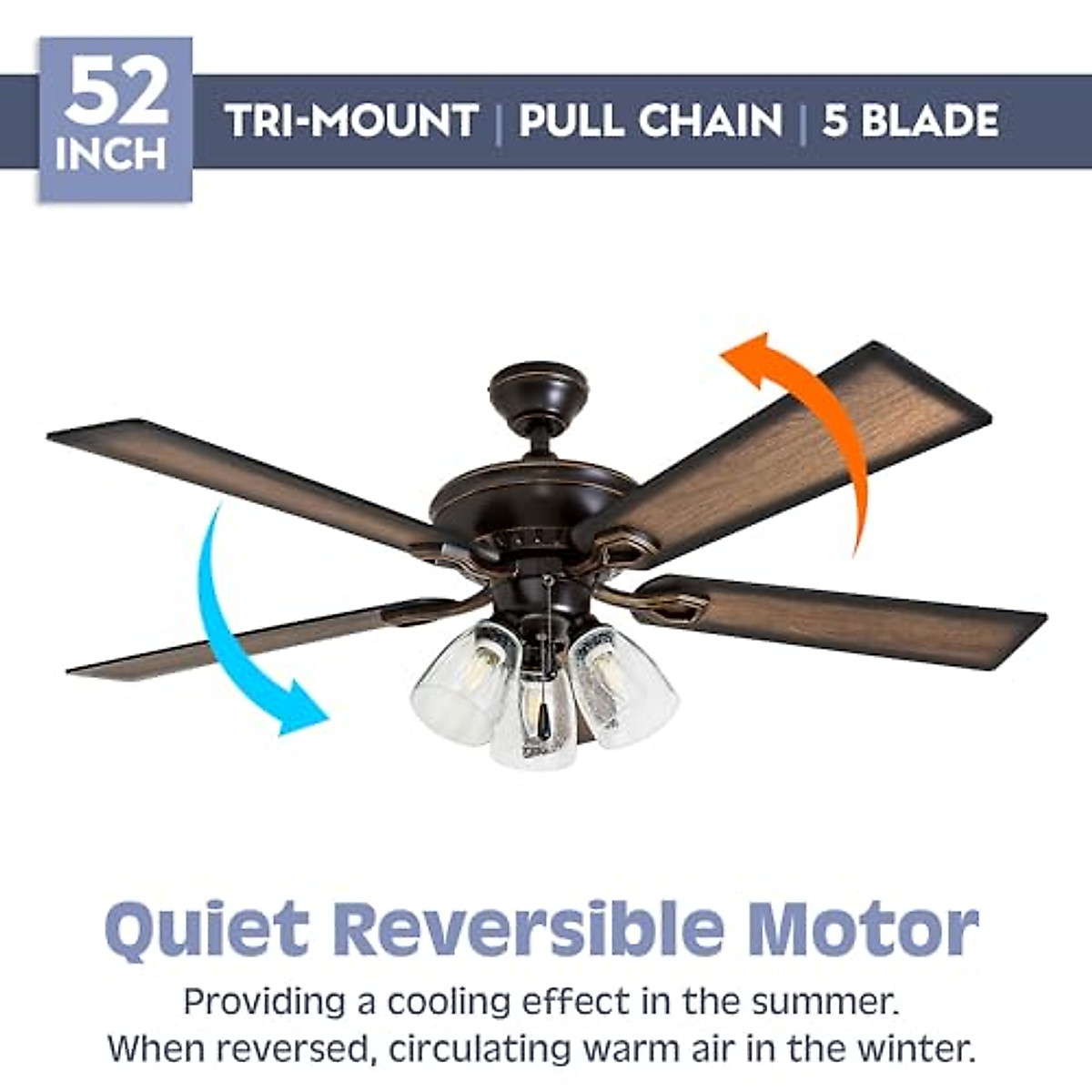 Prominence Home Glenmont, 52 Inch Farmhouse LED Ceiling Fan with Light, Pull Chain, Three Mounting Options, Dual Finish Blades, Reversible Motor - 40278-01 (Oil-Rubbed Bronze)