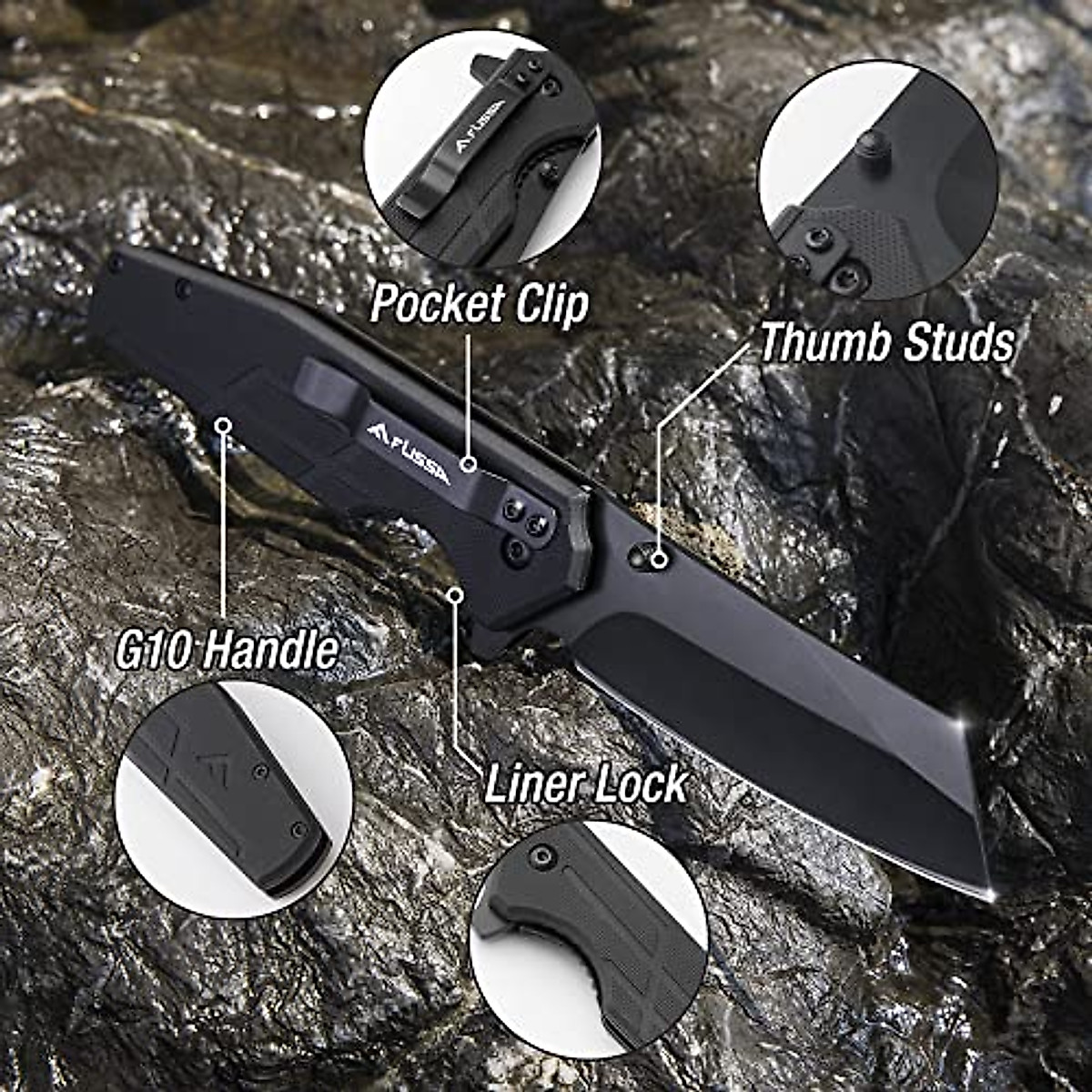 FLISSA Pocket Knife, 3.5" Folding Stonewash Blade Tactical Knife, G10 Handle, for Outdoor, Survival, Hunting and Camping