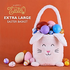 Easter Basket Fluffy Bunny, Easter Baskets for Kids, Easter Gifts for Girls & Boys, Large Easter Basket Storage, Light Weight Easy Carry, Foldable Bunny Ears, 9.5 x 9.5 Inches