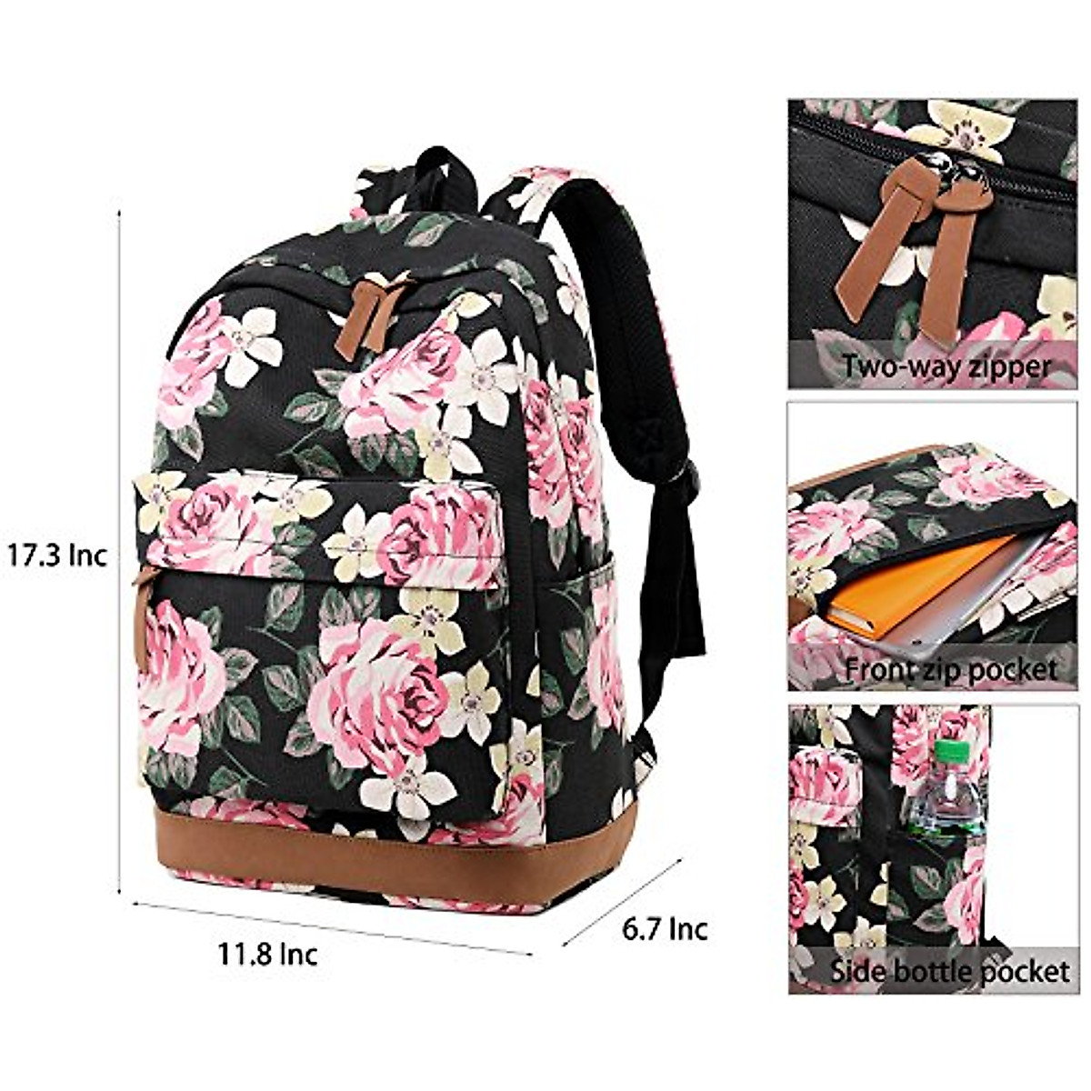 abshoo Floral Backpacks For Girls Canvas School Bookbags Teen Girls Backpacks With Lunch Bag (Floral Black)