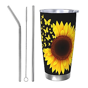 AYCZN Yellow Floral Butterfly 20 OZ Tumbler Stainless Steel Travel Coffee Mug, Sunflower Insulated Water Bottle with Lid and Straws Leakproof Thermal Cup