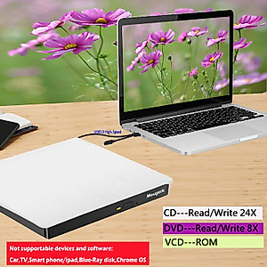 Mougerk External DVD Drive, Portable Type-C USB 3.0 DVD CD Drive Player DVD/CD +/-RW ROM Reader Rewriter Burner for Laptop MacBook Pro Desktops (White)