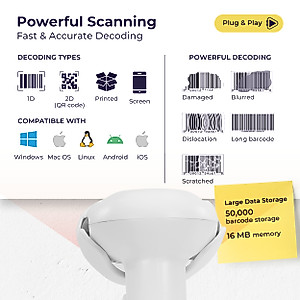 Wireless Bluetooth Barcode Scanner, QR Code Scanner, USB Portable Handheld Scanners w/Stand Connect w/Tablet/Phone/PC, 1D & 2D Inventory Scanner, Symbol Barcode Scanner for Retail & Warehouse, White