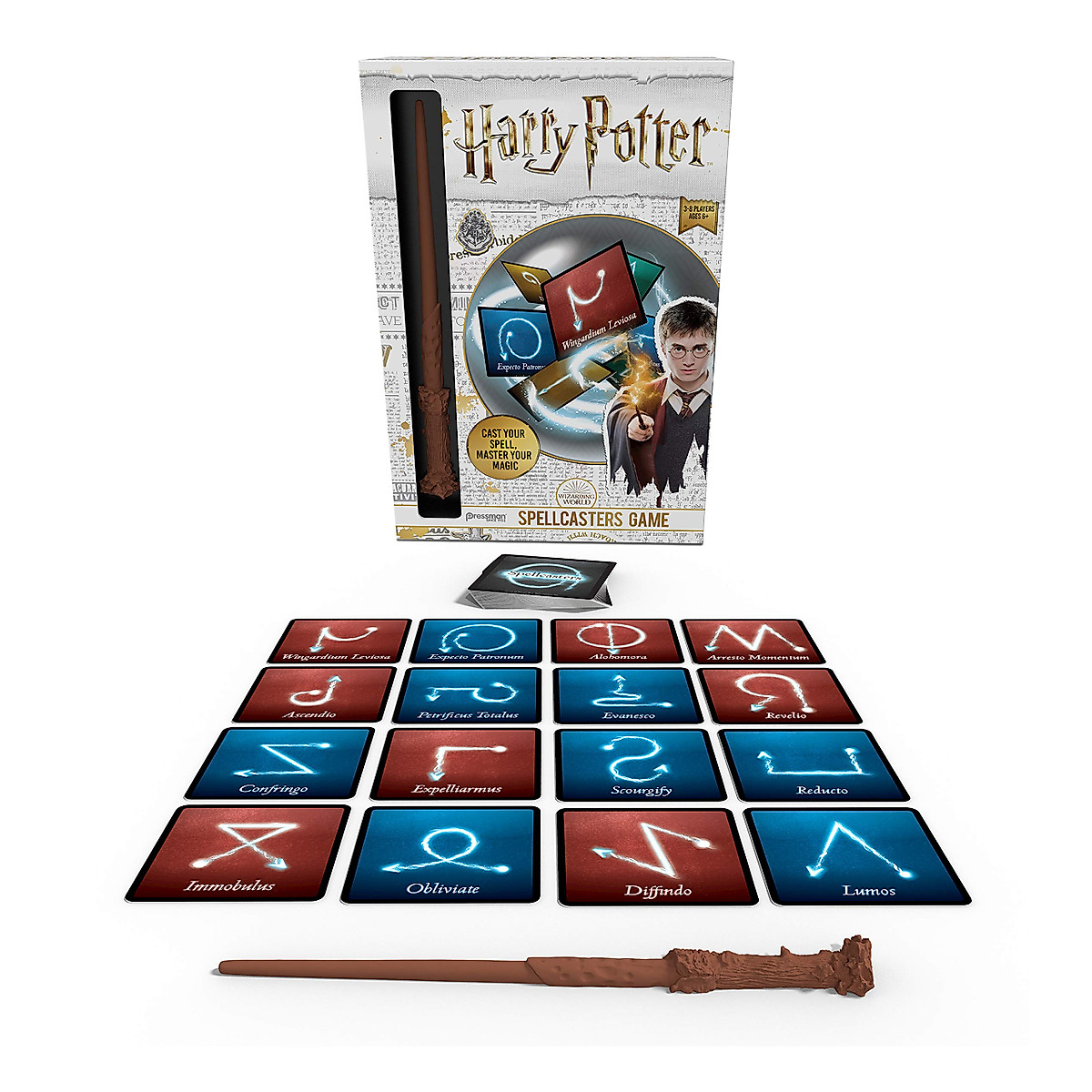 Harry Potter Spellcasters-A Charade Game with A Magical Spin - Cast Your Spell and Master Your Magic - Includes Spellcaster Wand (Replica of Harry Potter's Wand), 32 Spell and 32 Spellcaster Cards
