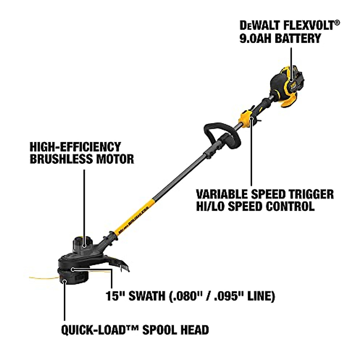 DEWALT FLEXVOLT 60V MAX* String Trimmer, Two Speed, 15-Inch, 3-Ah Battery & Extra Trimmer Line, 225-foot by 0.080-Inch (DCST970X1 & DWO1DT802) Yellow