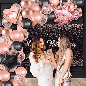 Black and Rose Gold Party Decorations, Rose Gold and Black Balloon Garland Kit with Birthday Backdrop Tablecloth for Women Girls Rose Gold Black Birthday Party Decorations Supplies