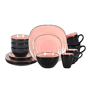 HomeVss, Stoneware Square 16pc Dinnerware Set, Inside Spinwaseh Swirl Rose + Outside Black
