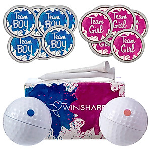 Winsharp Gender Reveal Golf Balls Exploding Golf Ball Set - 2 Balls - 1 Pink & Blue Plus Golf Tees and 20 Pink and 20 Blue Baby Gender Voting Stickers Gender Reveal Decoration Ideas Golf Theme