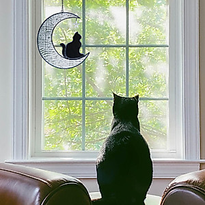 HXFRTYU Cat Memorial Gifts, Cat on Moon Stained Glass Window Hangings, Black Cat Halloween Decor Suncatcher Gifts for Cat Lovers, Loss of Cat Sympathy Gift, Cat Christmas Ornament for Cat, Pet Lovers