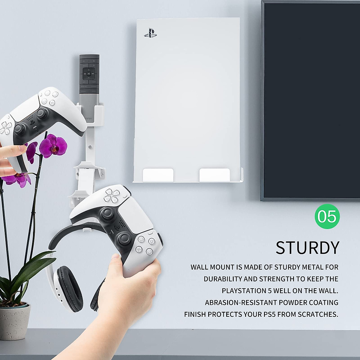 PS5 Wall Mount Kit, PS5 Wall Mount with Playstation 5 Controller Holder,Headphone hook and PS5 remote control storage box - PS5 Accessories Kit (NOT for PS5 Slim)