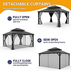 VONZOY 12' x 14' Hardtop Gazebo, Heavy Duty Double Roof Galvanized Steel Outdoor Metal Gazebo with Nettings & Curtains, Aluminum Gazebo with Vertical Stripes Roof for Patio, Backyard, Lawns [Grey]