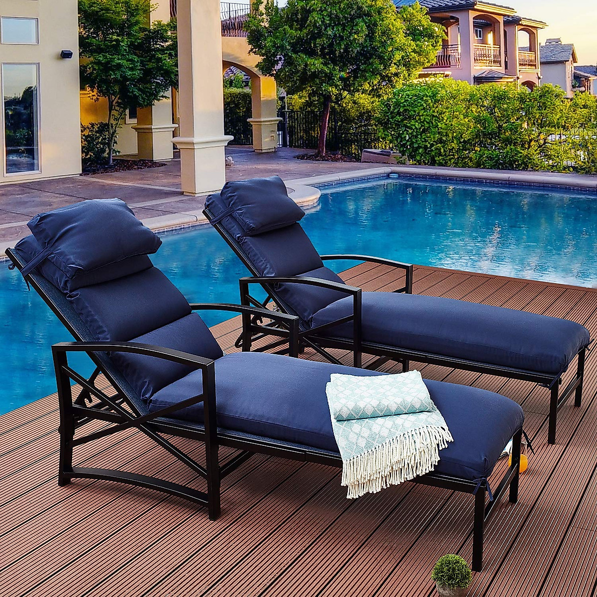 PatioFestival Patio Chaise Lounge Set of 4 Outdoor Adjustable Back Cushioned Chairs All Weather Steel Frame Lounger with Blue Pillow