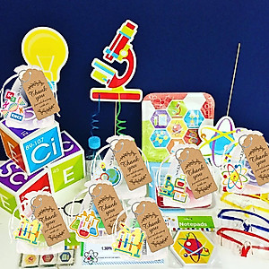BUYWUMORE Science Party Favors 12 Sets with Keychains Thank You Kraft Tags and Organza Bags for Scientist Theme Birthday Party Classroom Rewards School Party Supplies