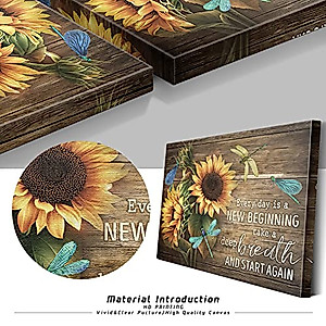 DRAWPRO Rustic Farm Sunflower Wall Art Sunflower Dragonfly Canvas Print Paintings Framed Inspirational Quotes Pictures Modern Home Decor For Living Room Kitchen Bathroom Ready To Hang,12x16 Inch