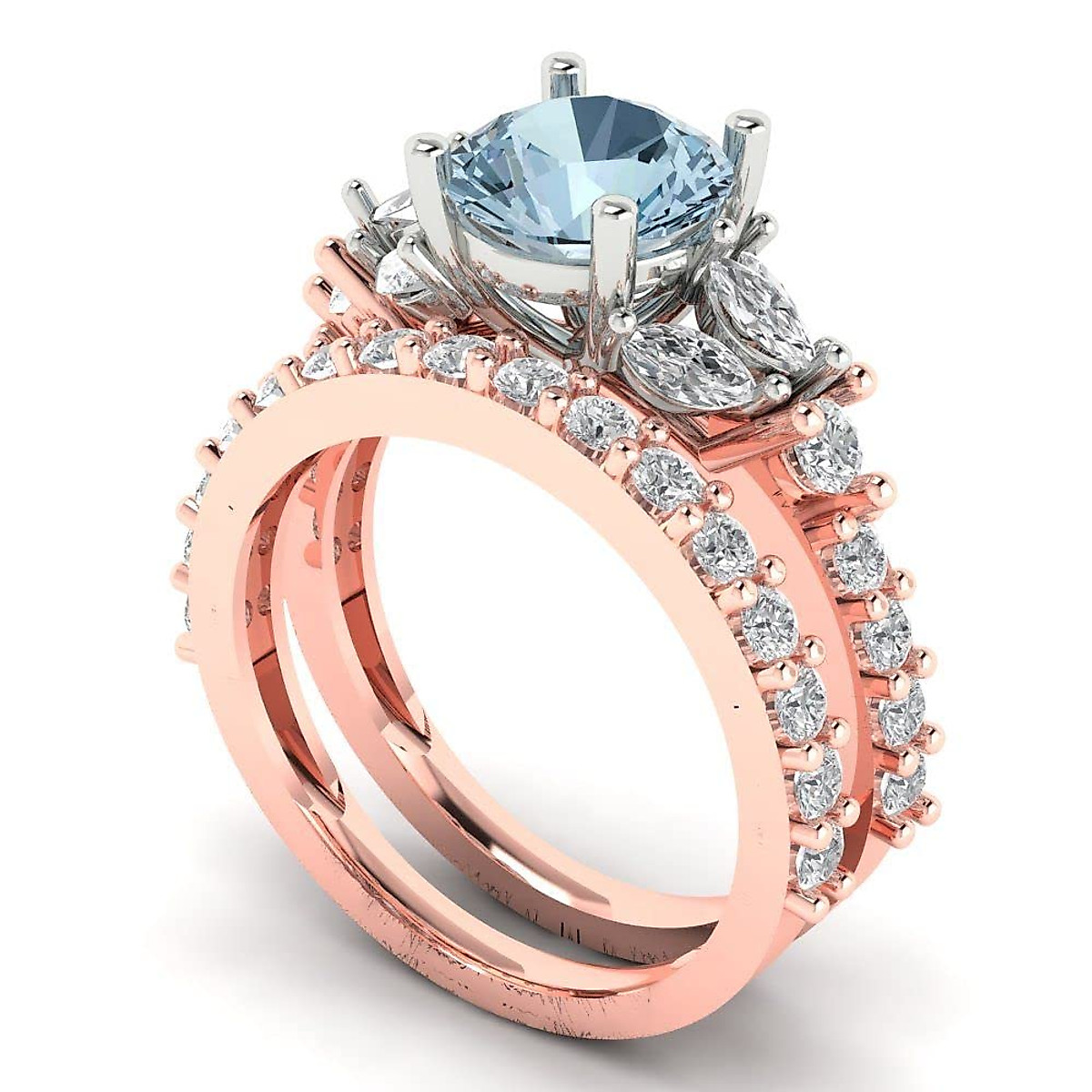 Clara Pucci 2.66 carat Round Shape 3 stone Created Aquamarine Engagement Wedding Anniversary Bridal ring band set 14k Rose White Gold 7