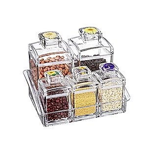 Bestfull Spice Container 5 PCS Sealed Containers with Handle Lids and Tray, Seasoning Containers Square-shaped for Spice, Salt, Sugar, Kitchen Storage and Countertop Use with Random Flower