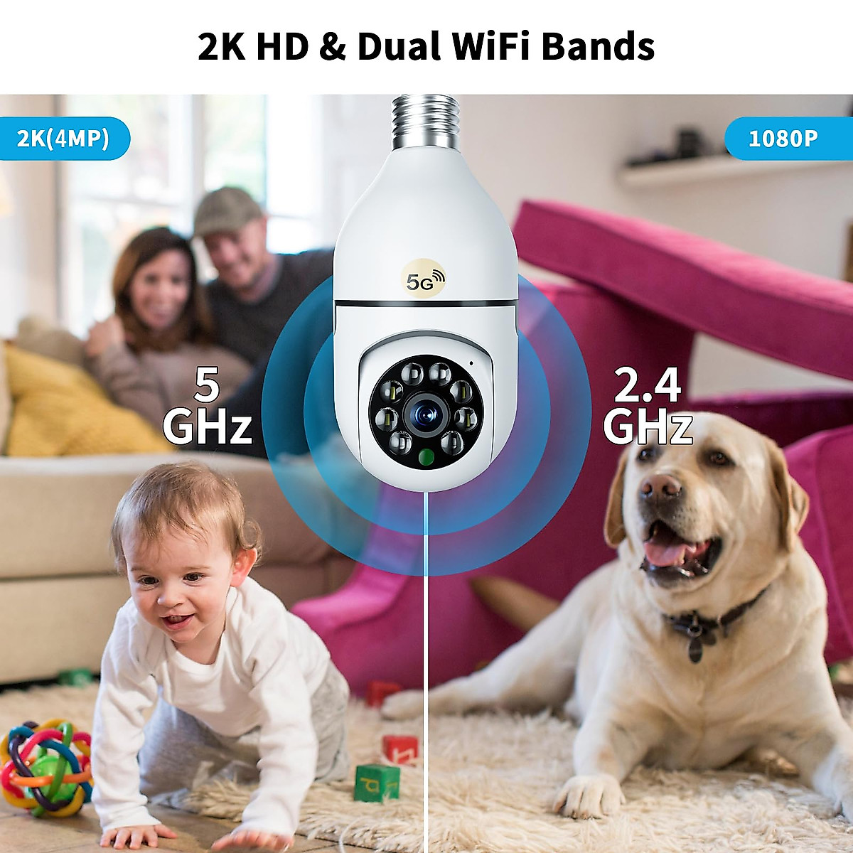 OJR 2K HD Light Bulb Security Camera, 5G/2.4G WiFi PTZ Camera Wireless Outdoor, Motion Detection and Alarm, Full Color Night Vision, Two-Way Audio, Easy Installation
