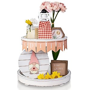 Beautiful Tiered Tray Decor Set for Spring - Interchangeable All Season Decorations Bundle Incl. Easter, Summer & More - Modern Farmhouse Centerpiece for Home & Kitchen Decor