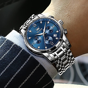 OLEVS Watches for Men with Date Luxury Big Face Waterproof Mens Wristwatch Analog Dress Two Tone Stainless Steel Man Watch Luminous Relojes De Hombre Calendar(GreenBlueBlack Dial）, Blue Dial,