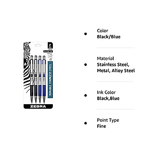 Zebra Pens Fine Point F 301, Combo Pack of 2 BLACK INK & 2 BLUE INK metal pens (Total of 4 Pens), Ballpoint Stainless Steel Retractable 0.7mm fine point ink pens