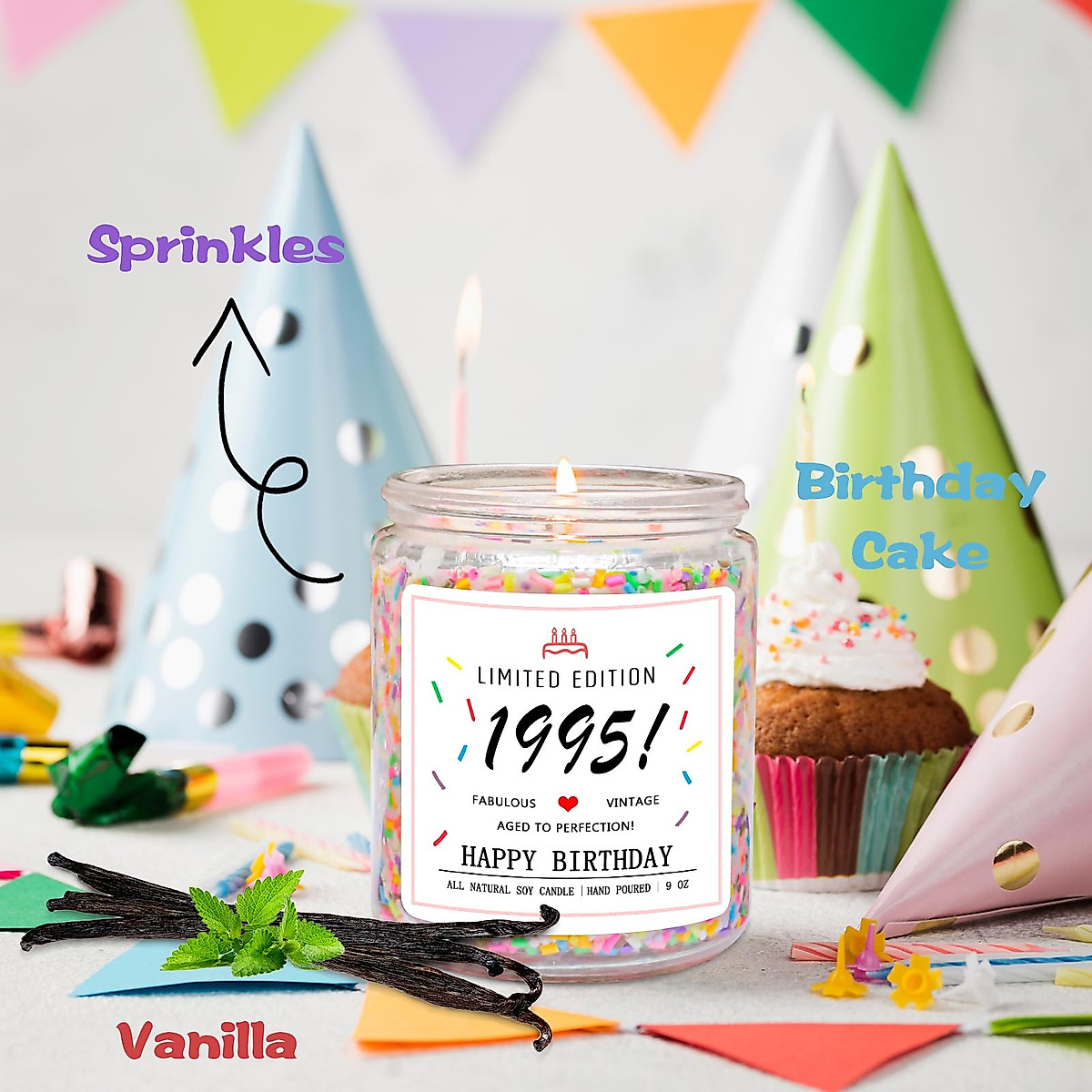 Homsolver 30th Birthday Gifts for Her Women, Happy 30th Birthday Decorations Candle Gifts Ideas-Limited Edition 1995 Handmade Candles (Vanilla Birthday Cake Scent with Sprinkles)