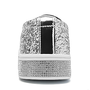 UUBARIS Women's Fashion Loafers Rhinestone Glitter Sneakers Sparkly Tennis Shoes Casual Platform Loafers Bling Slip-on Sneakers silver-11