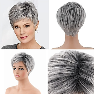 Gray Wigs for Women, Temperament, Oblique Bangs, Texture, Fluffy Short Hair, Black Gradient Silver, Middle-Aged and Elderly Women’S, Natural Hair Wig for Daily Use, Suitable for Girls and Women