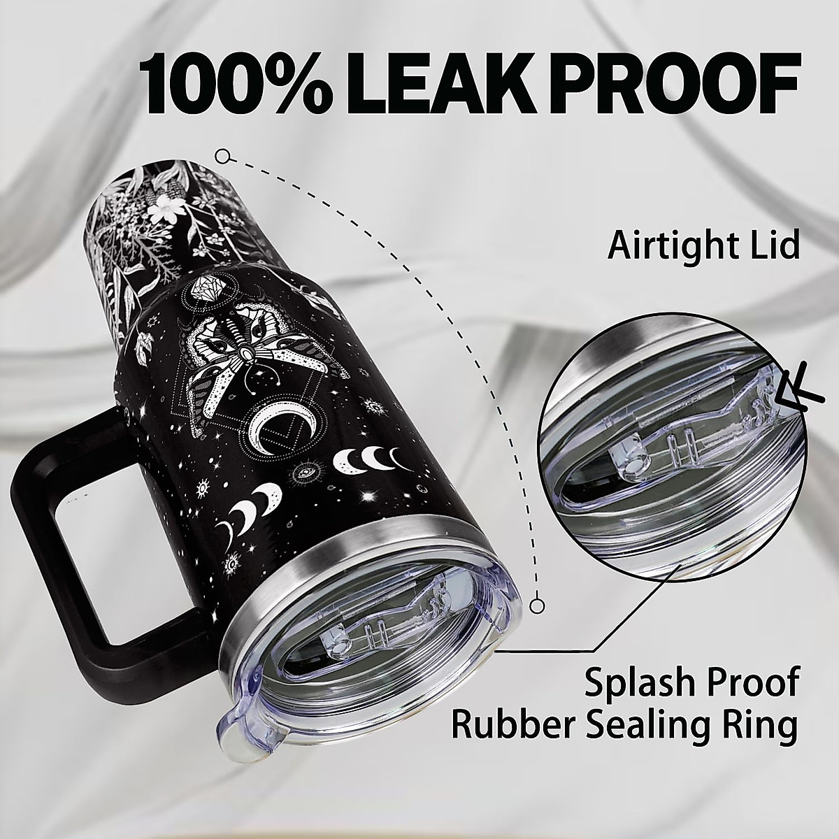 ZNYYZYBA 40 oz Tumbler with Handle and Straw, 40oz Goth Tumbler with Handle Insulated Leak Proof Travel Coffee Mug, Reusable Stainless Steel Tumblers