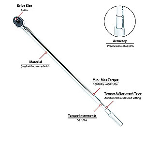 Performance Tool M204 3/4-Inch Drive Torque Wrench with LH/RH Thread Torque Capabilities - 100 to 600 ft/lbs of torque