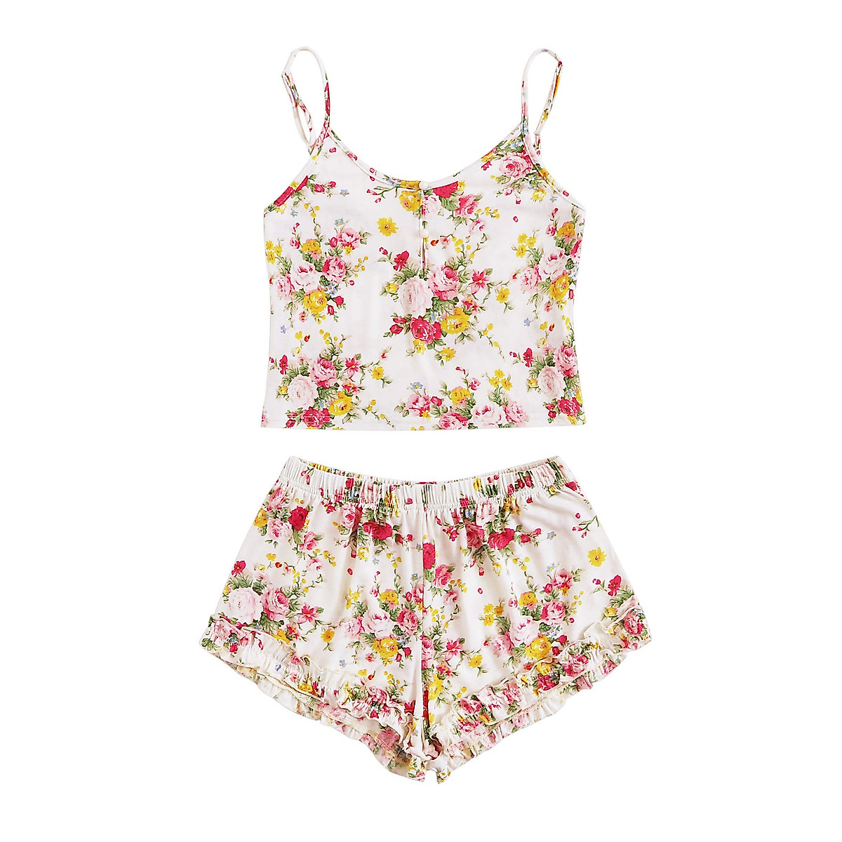 SheIn Women's Pajamas Sets Button Front Tank and Shorts Lounge Set Sleepwear White Floral X-Large