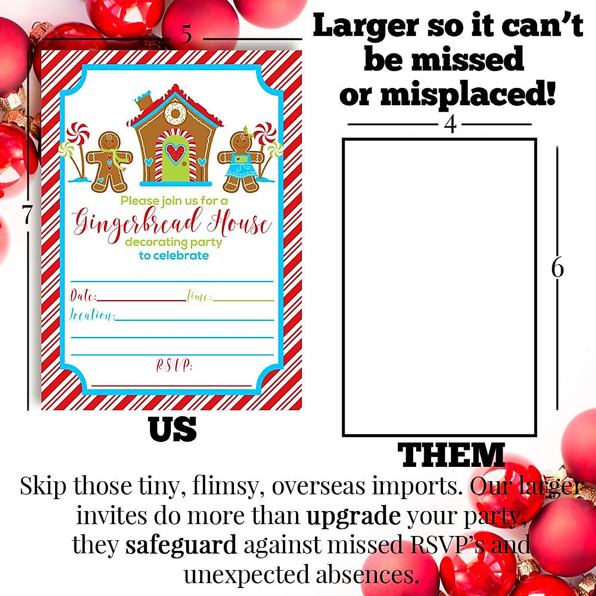 Amanda Creation Christmas Invitations with Envelopes – Gingerbread House Decorating, 20 Pack 5x7 Double Sided Fill-In Invite Cards with Twenty White Envelopes Perfect for Christmas Birthday Parties