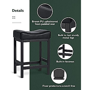 KATDANS Bar Stools Set of 2 - Counter Height Stools - 24 Inch Saddle Stool - PU Leather Kitchen Stools - Black Seat - Black Metal Base, KS861P-Black