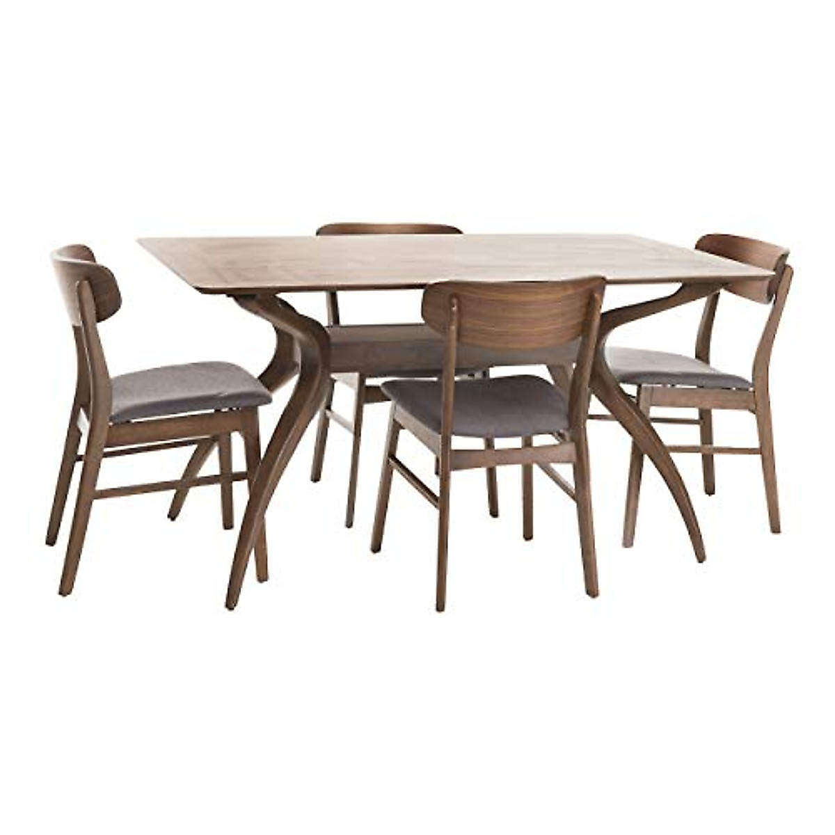 Christopher Knight Home Lucious Curved Leg Rectangular Dining Set, 5-Pcs Set, Natural Walnut / Dark Grey