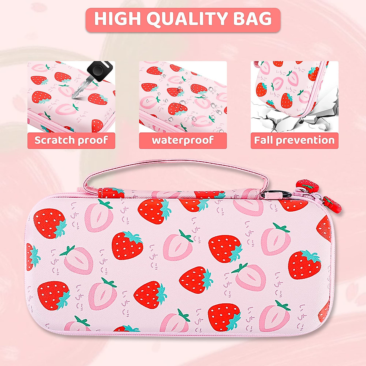 FUNDIARY Pink Carrying Case for Nintendo Switch Lite Accessories, Travel Case Bundle for Switch Lite with Soft TPU Cover, Adjustable Shoulder Strap, Screen Protector and 2 Thumb Caps - Strawberry