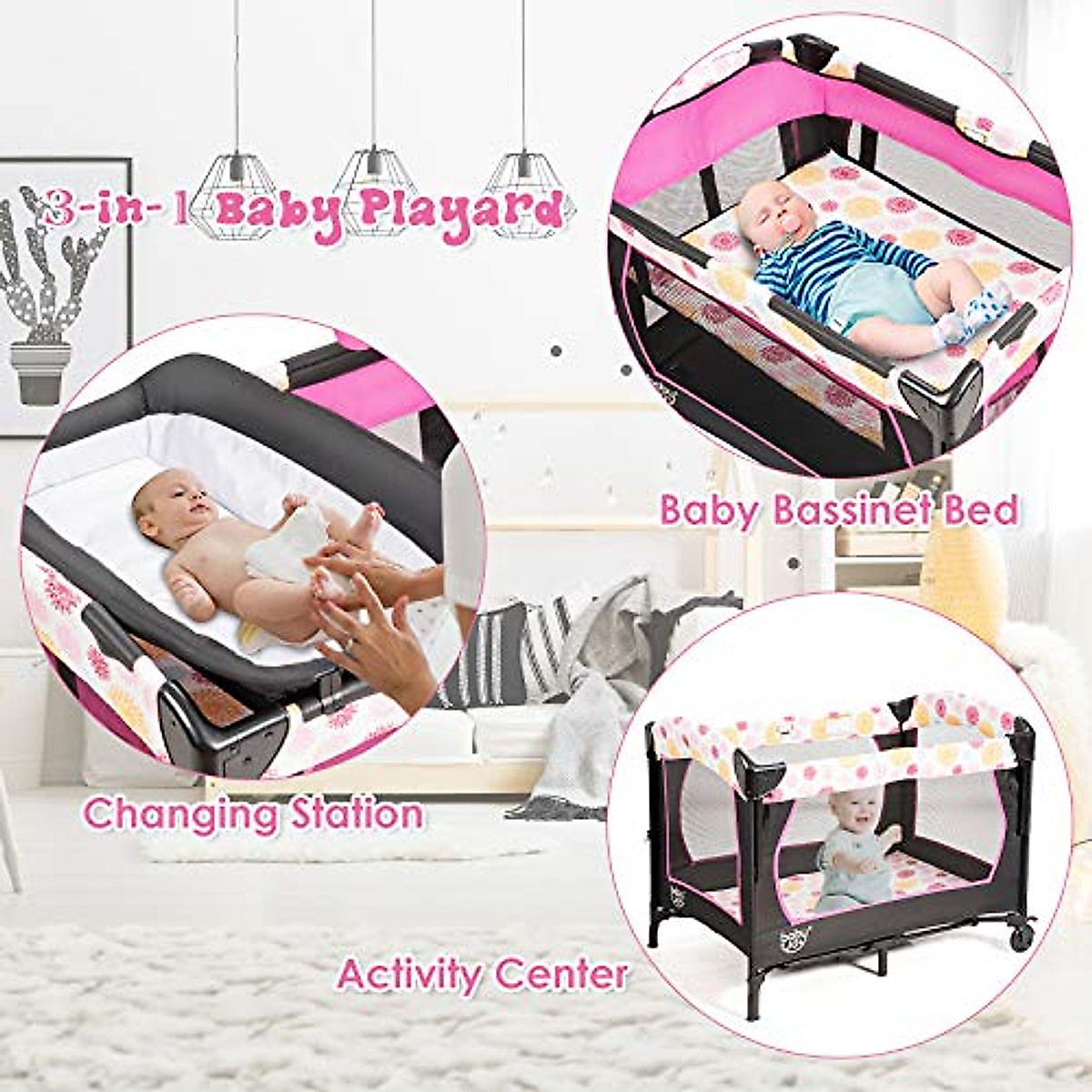 BABY JOY 4 in 1 Pack and Play, Baby Bedside Sleeper with Bassinet, 3 Adjustable Heights, Music Box, Easy to Install, Foldable Bedside Crib w/Changing Table, Playards from Newborn to Toddlers