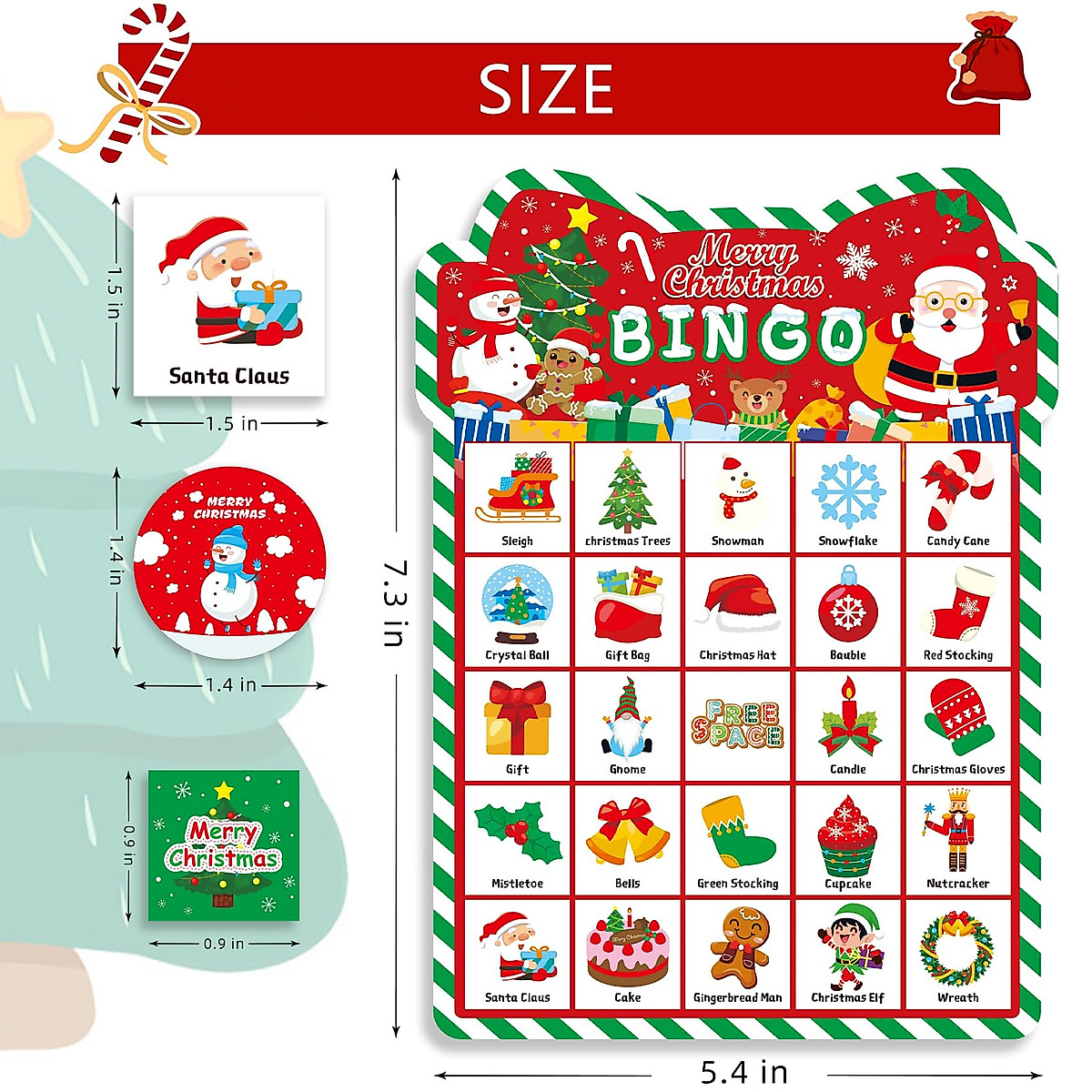 Funnlot Christmas Bingo Game for Kids, Christmas Games Christmas Crafts Christmas Activities with Reward Stickers for Kids Large Group Classroom Family Party Xmas