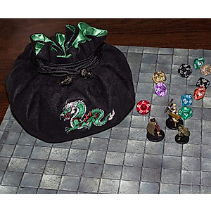 Large Dice Bag with Pockets – Embroidered Green Dragon DND Dice Bag | Green Satin Interior Lining | Man-Handles 150+ Dice