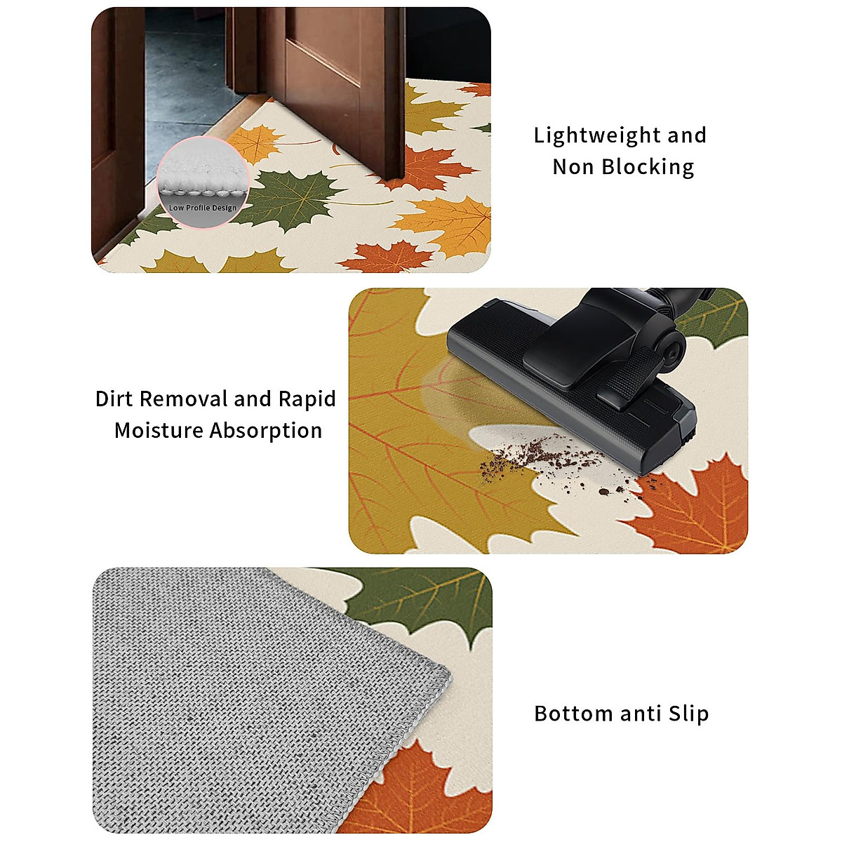 KITHOME Front Door Mat Autumn Maple and Fallen Leaves Tile Pattern Indoor Outdoor Entrance Doormat Washable Floor Mats for Front Door Bathroom Kitchen Runner Rugs 16x47 Inch