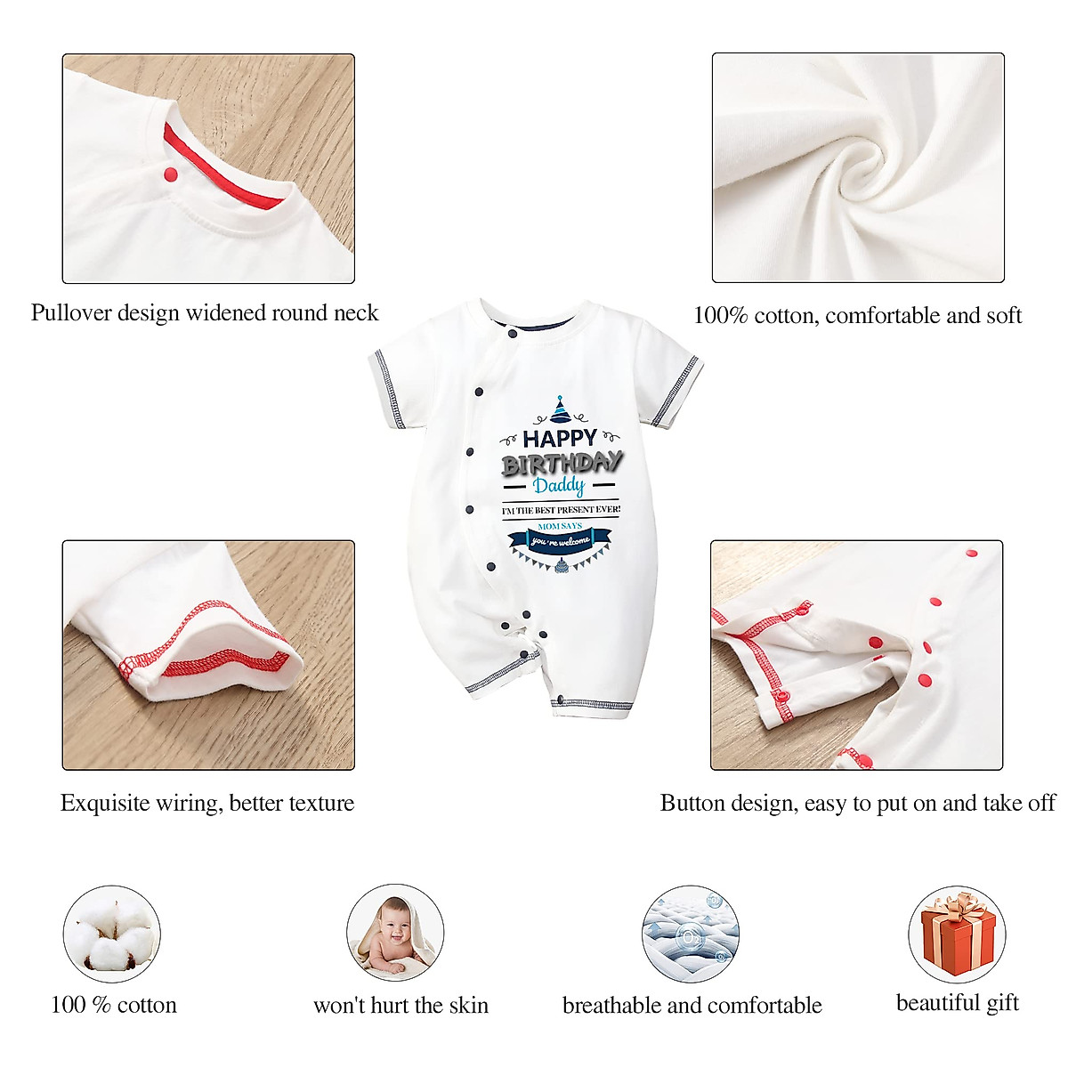 Benshukam Happy Birthday Daddy Mommy Baby Boys Girls Romper Bodysuit Infant Funny Letter Jumpsuit Outfit 0-3Months