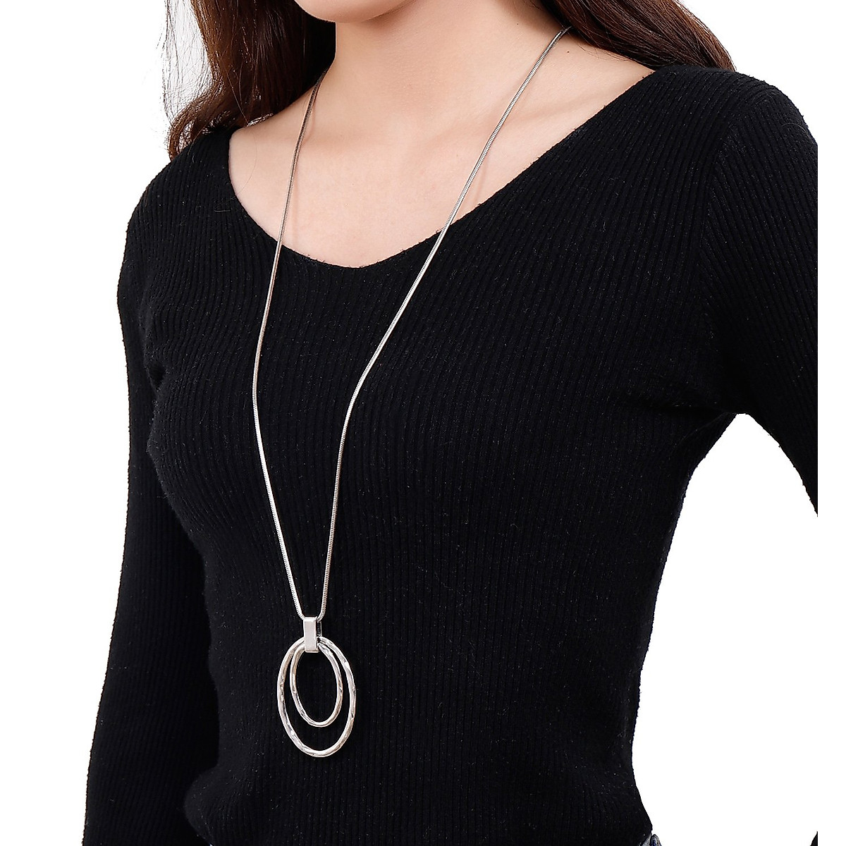 NVENF Long Sweater Chain Double Circle Pendant Necklace Bold Snake Chain Women Statement Necklace (Silver-tone)