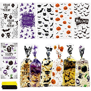 AouEtnay 120 Pcs Halloween Cellophane Treat Bags Candy Bags Halloween Goodie Bags with Tags Twist Ties for Goodie Cookie Candy Halloween Party Favor Supplies, 6 Styles