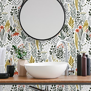Livebor Floral Wallpaper Peel and Stick Wallpaper Floral Contact Paper 17.7inch x 118.1inch Modern Green Leaf Wallpaper Boho Floral Wallpaper Self Adhesive Wallpaper for Bedroom Leaves Wallpaper Vinyl