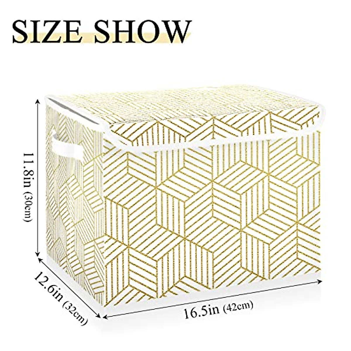 Oyihfvs Gold Abstract Geometric Cubes Foldable Cube Storage Basket Collapsible Fabric with Lidded Sturdy Handles Organizer Box for Home Bedroom 16.5 x 12.6 x 11.8 in